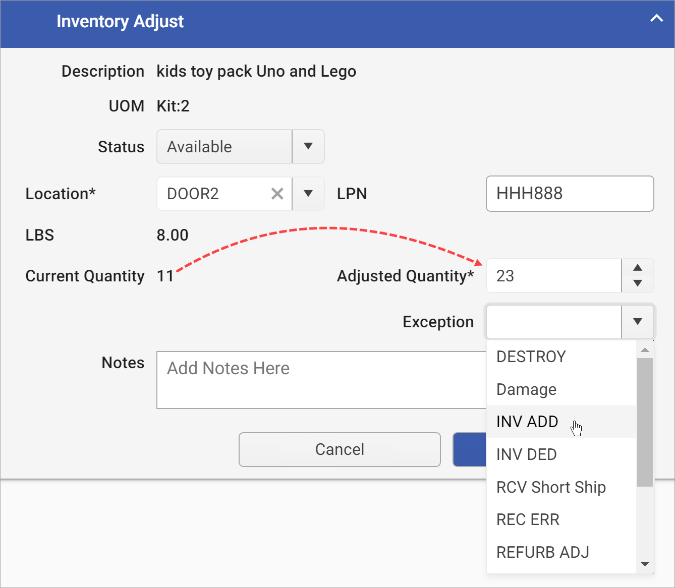 Kit Inventory Adjust (UI) – Da Vinci Unified