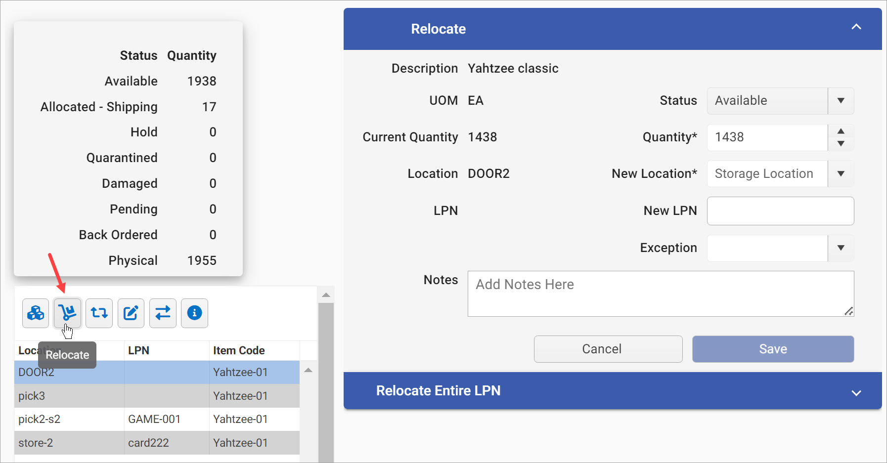 Relocate Inventory (UI) – Da Vinci Unified